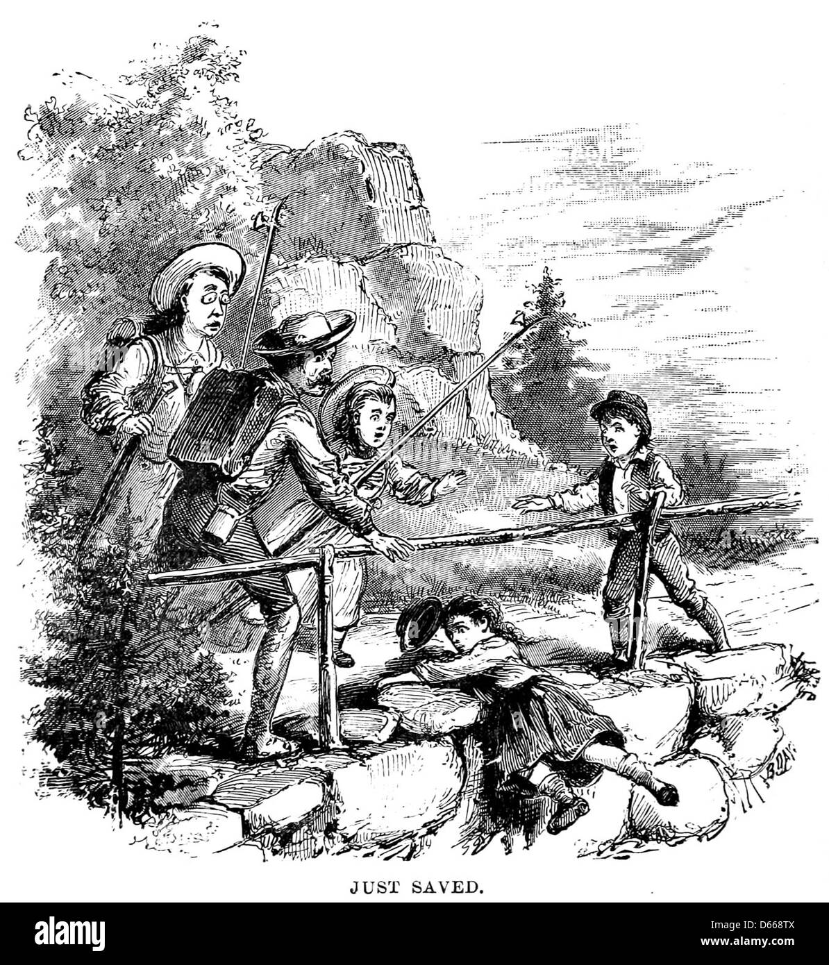 An illustration from 'A Tramp Abroad' (1885), showing a character saved ...