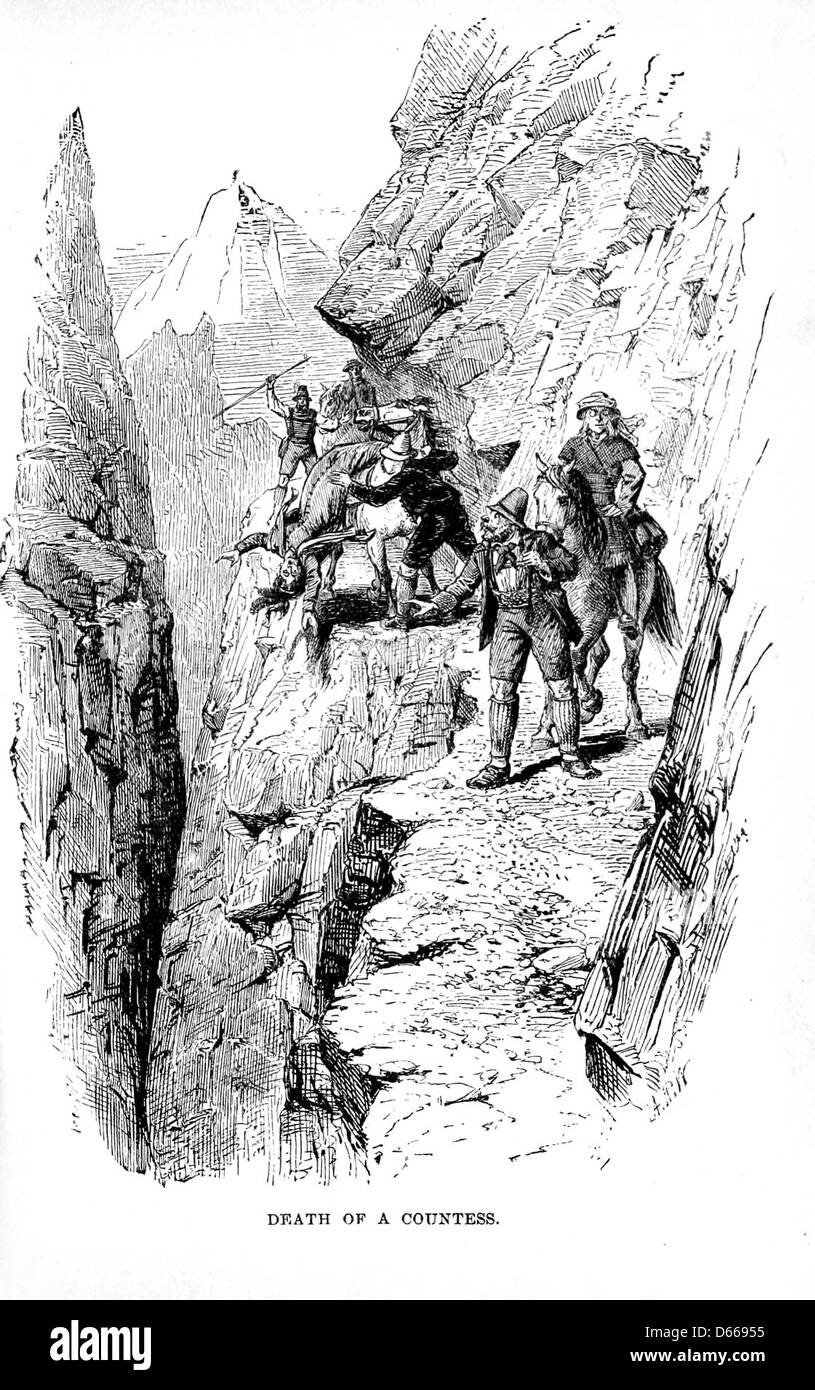 This 1885 illustration from 'A Tramp Abroad' depicts a precarious fall ...