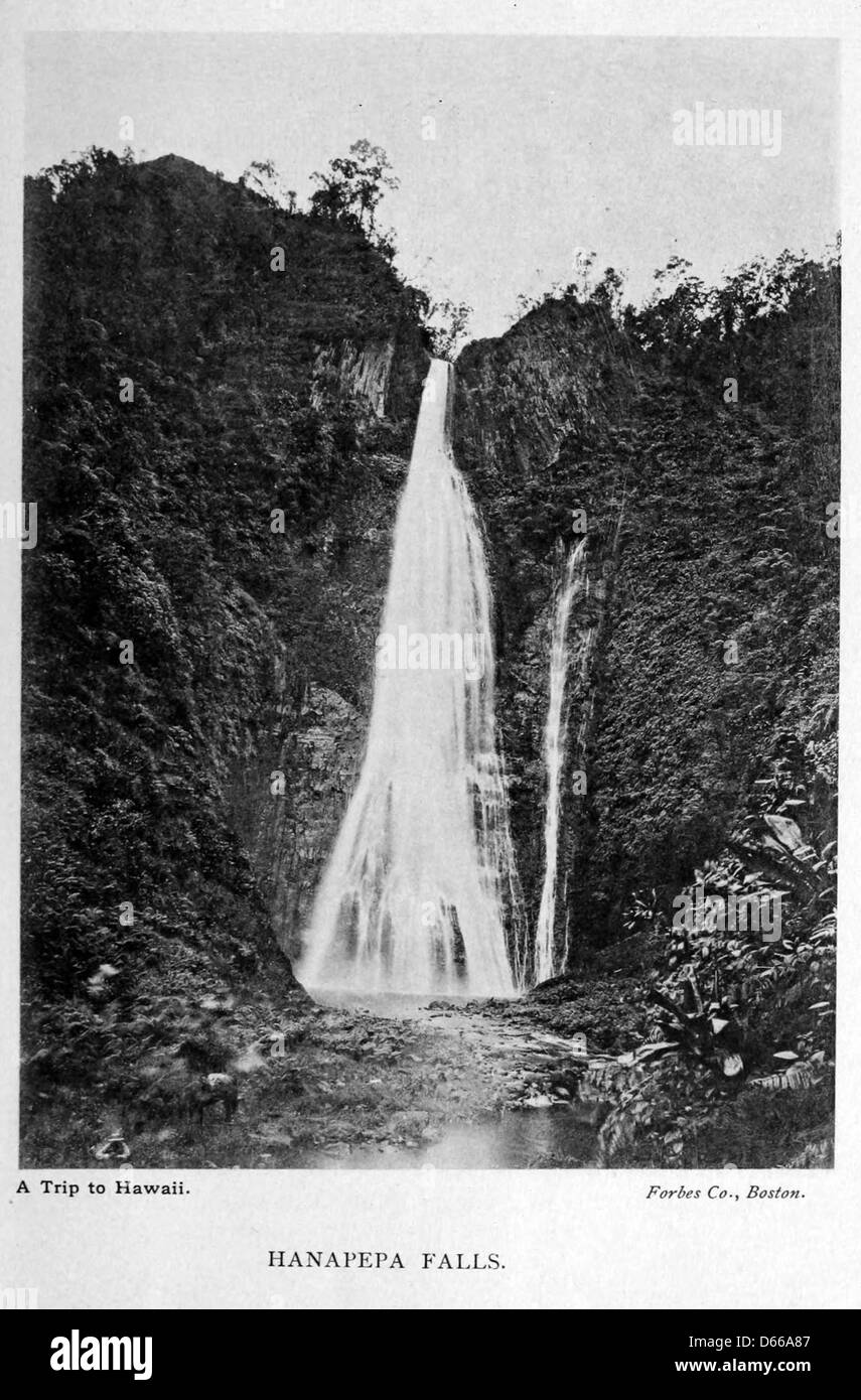This 1892 image captures the beauty of Hanapepa Falls in Hawaii, a ...