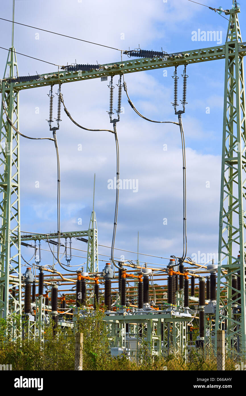 Line of high voltage electric converters equipment at a power plant ...