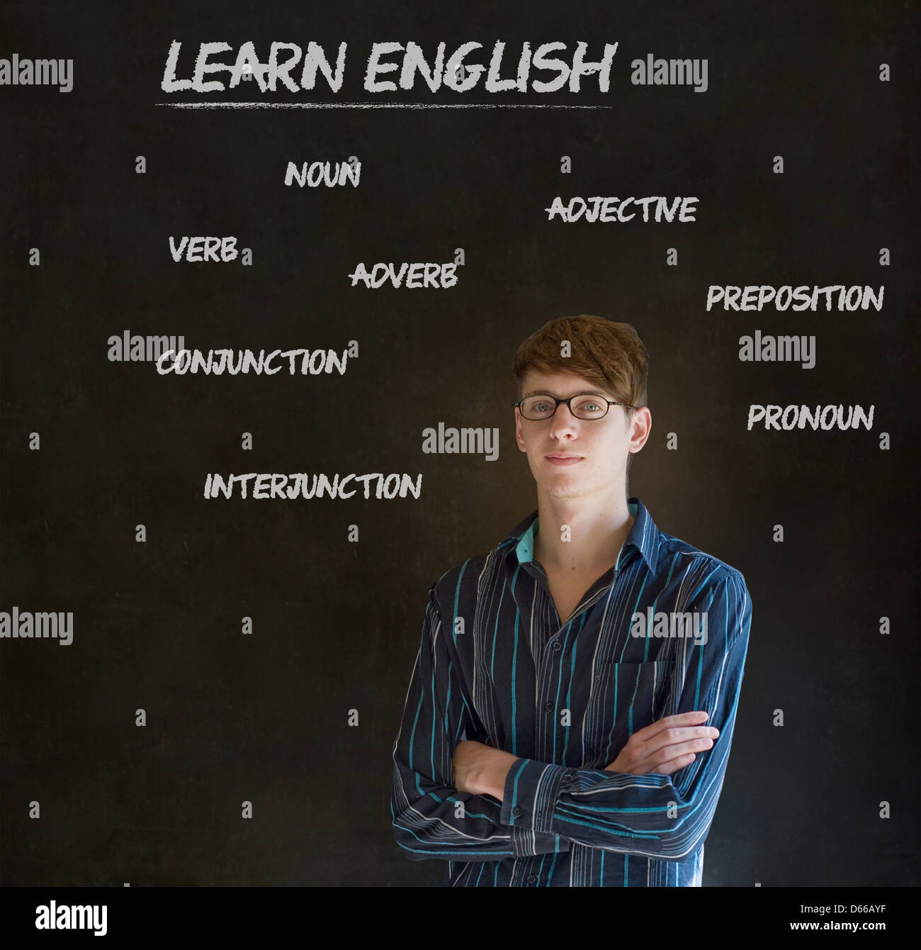 Learn English confident handsome man teacher chalk blackboard ...