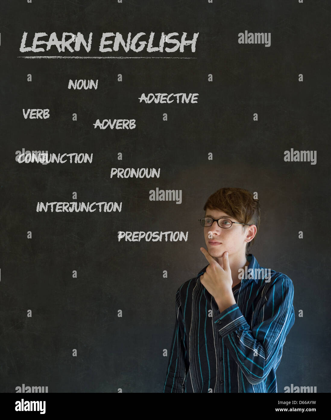 Learn English confident handsome man teacher chalk blackboard ...