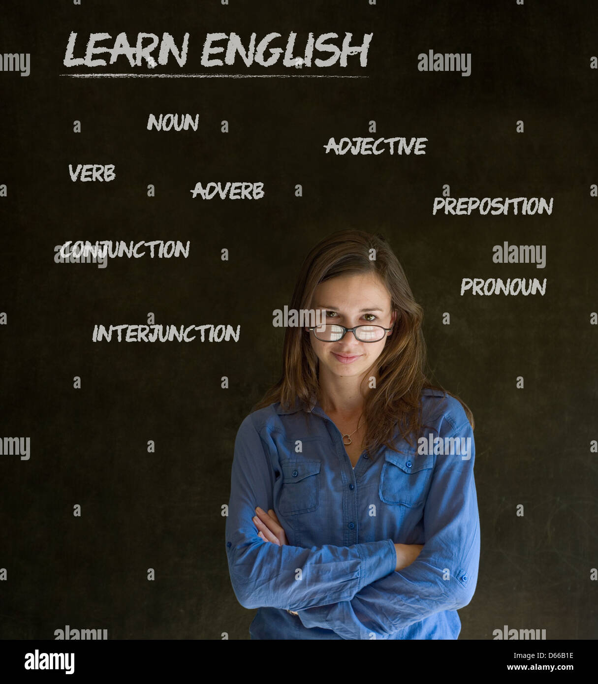 Learn English confident beautiful woman teacher chalk blackboard ...