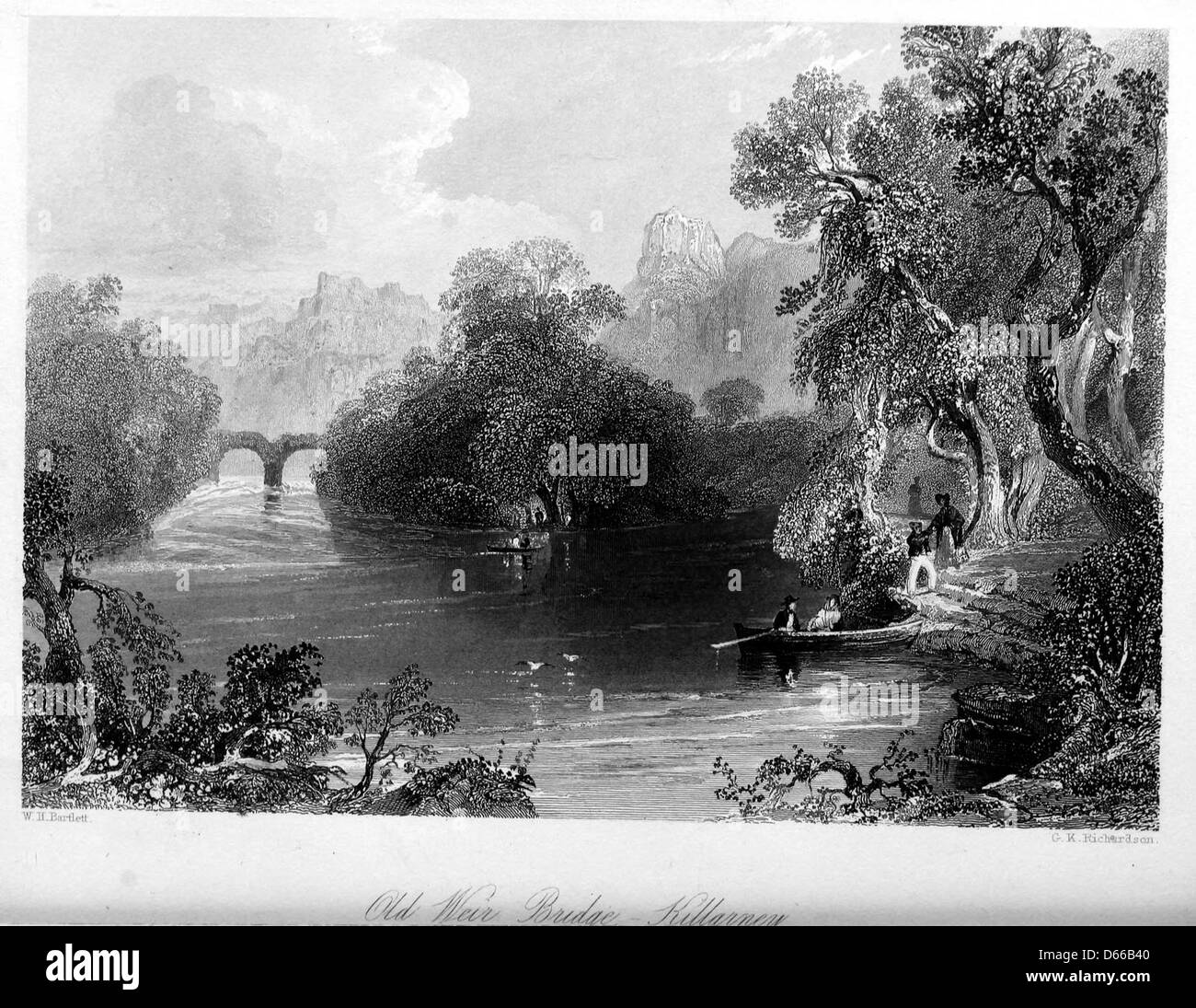 An 1850 illustration of Killarney, showcasing the Old Weir Bridge, a ...