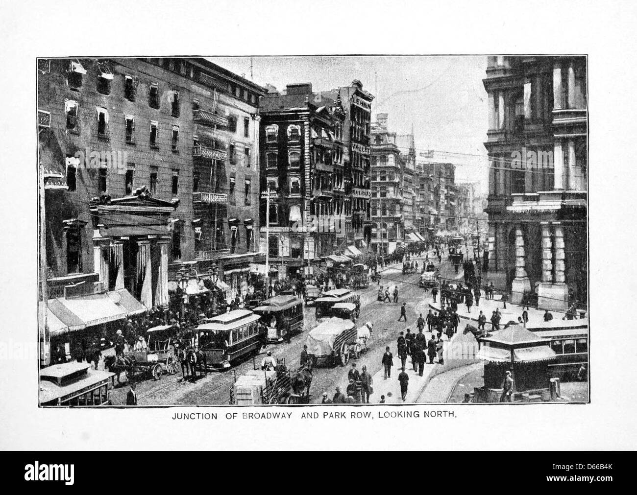 An 1891 photograph of Broadway Park Row Junction in New York City. This ...