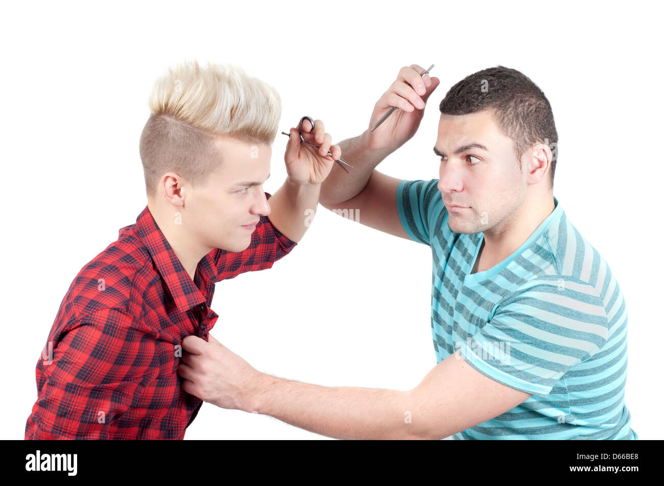 Two man fighting with scissors, isolated on white Stock Photo - Alamy