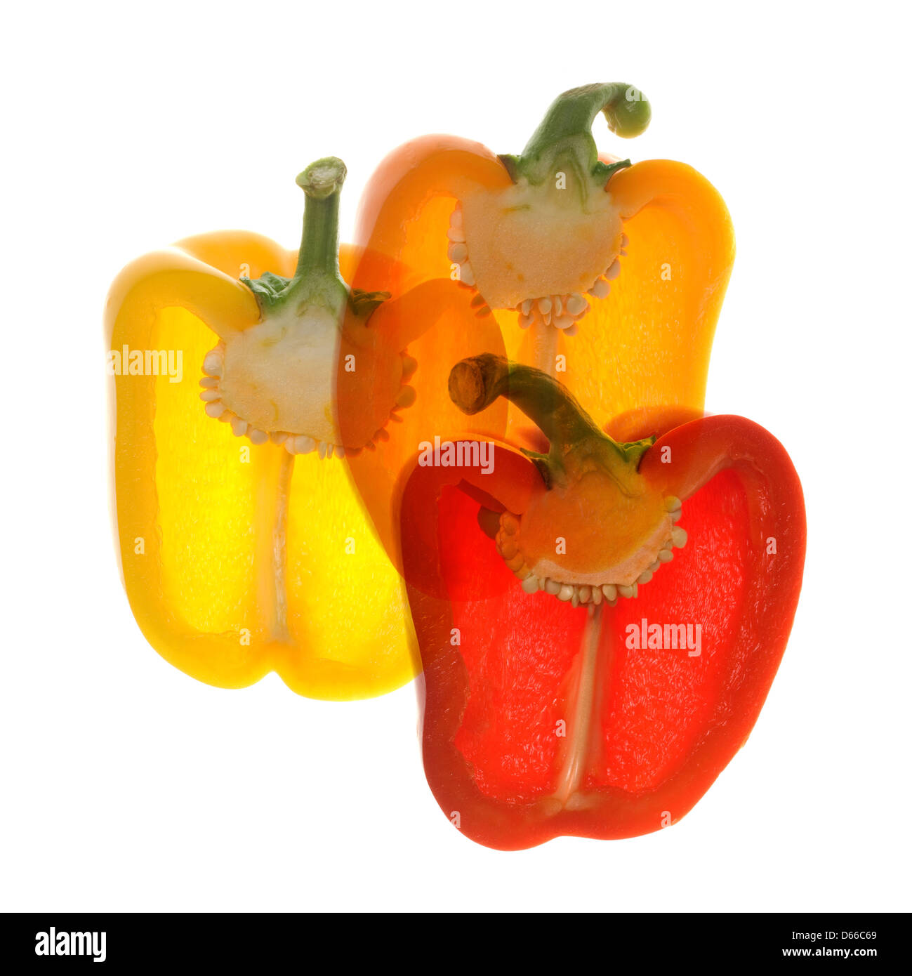 Three mixed bell peppers cut open, back lit Stock Photo - Alamy