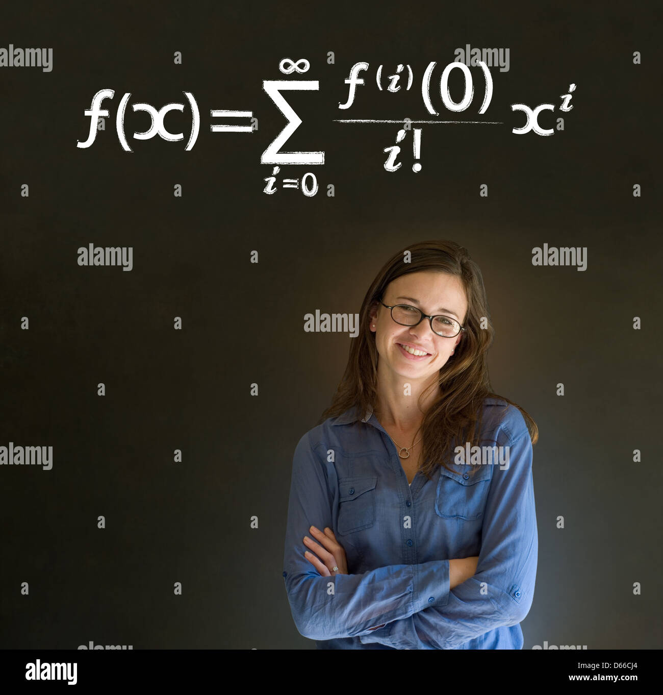 Learn Math or Maths confident beautiful woman teacher chalk blackboard ...