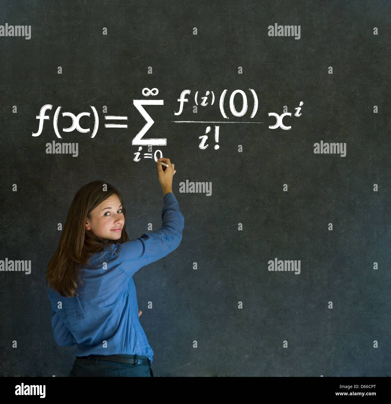 Learn Math or Maths confident beautiful woman teacher chalk blackboard ...