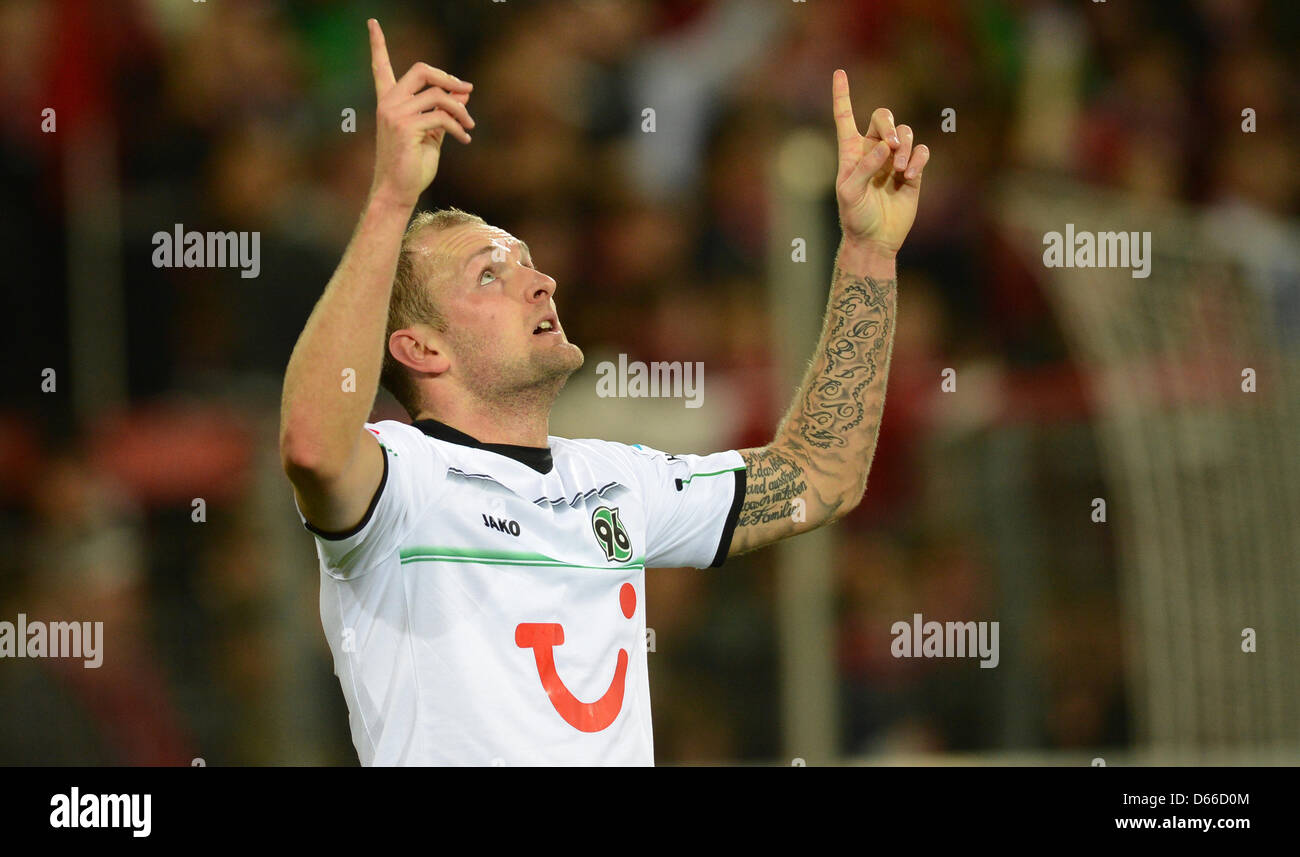 Hanover's Konstantin Rausch celebrates his 1-1 goal during the German ...