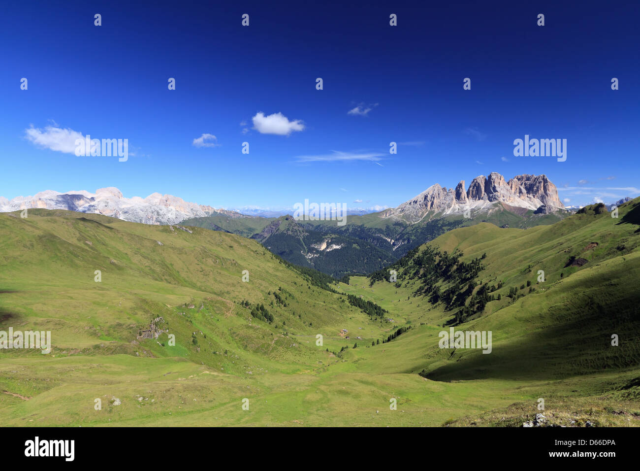summer landscape of Italian Dolomites with Catinaccio and Sassolungo ...