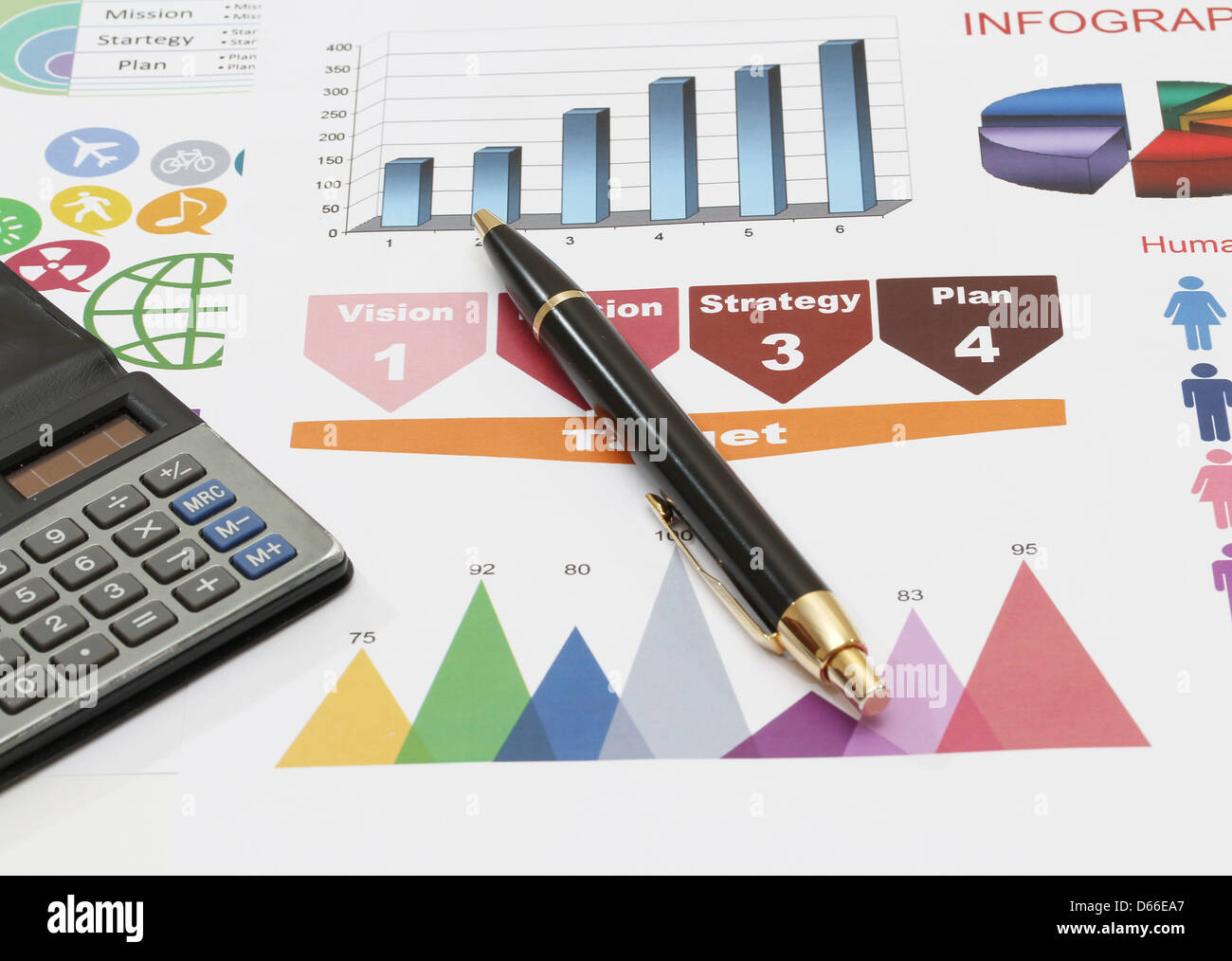 image of info graphics for business report with pen and calculator ...
