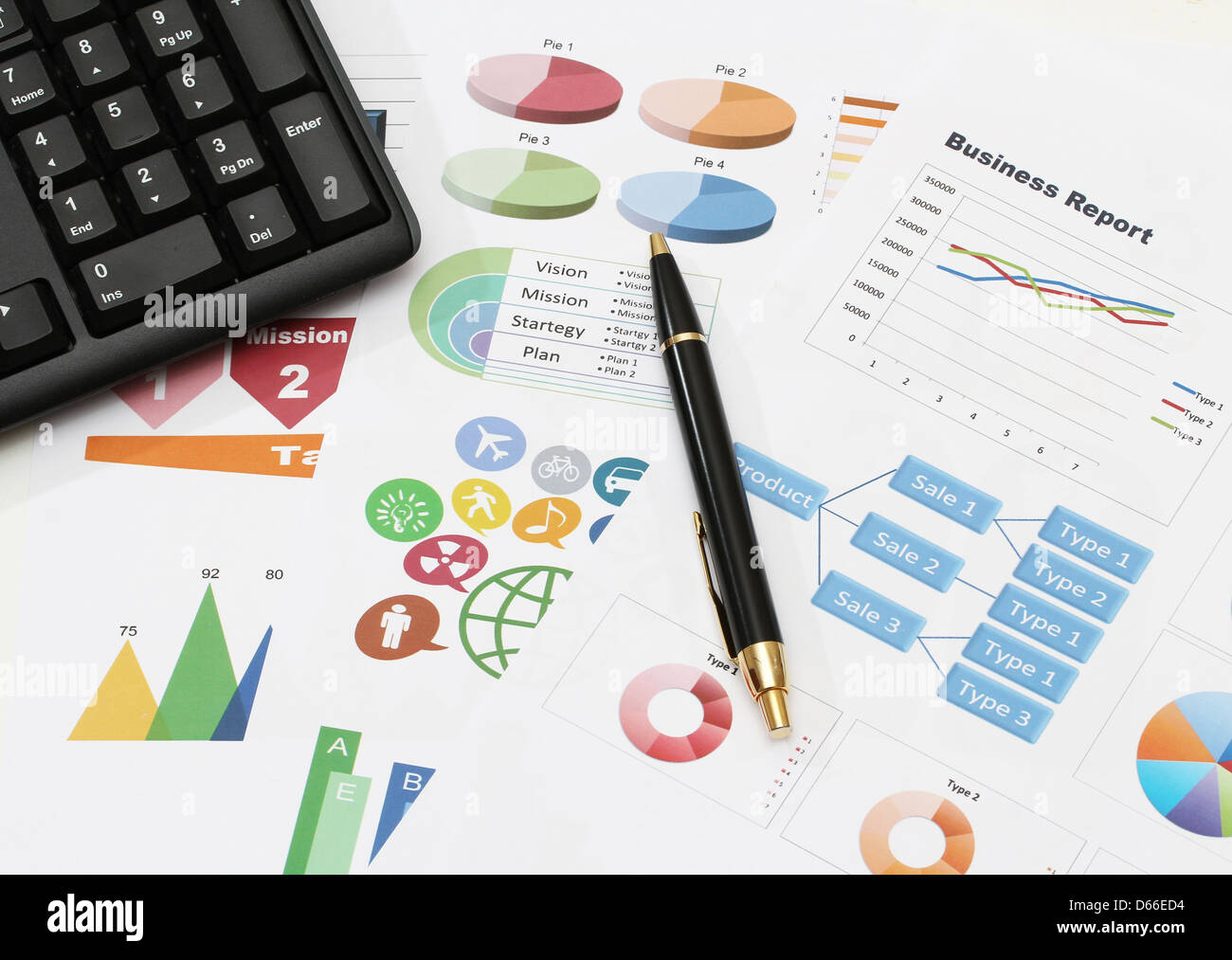 image of info graphics for business report with pen and keyboard Stock ...