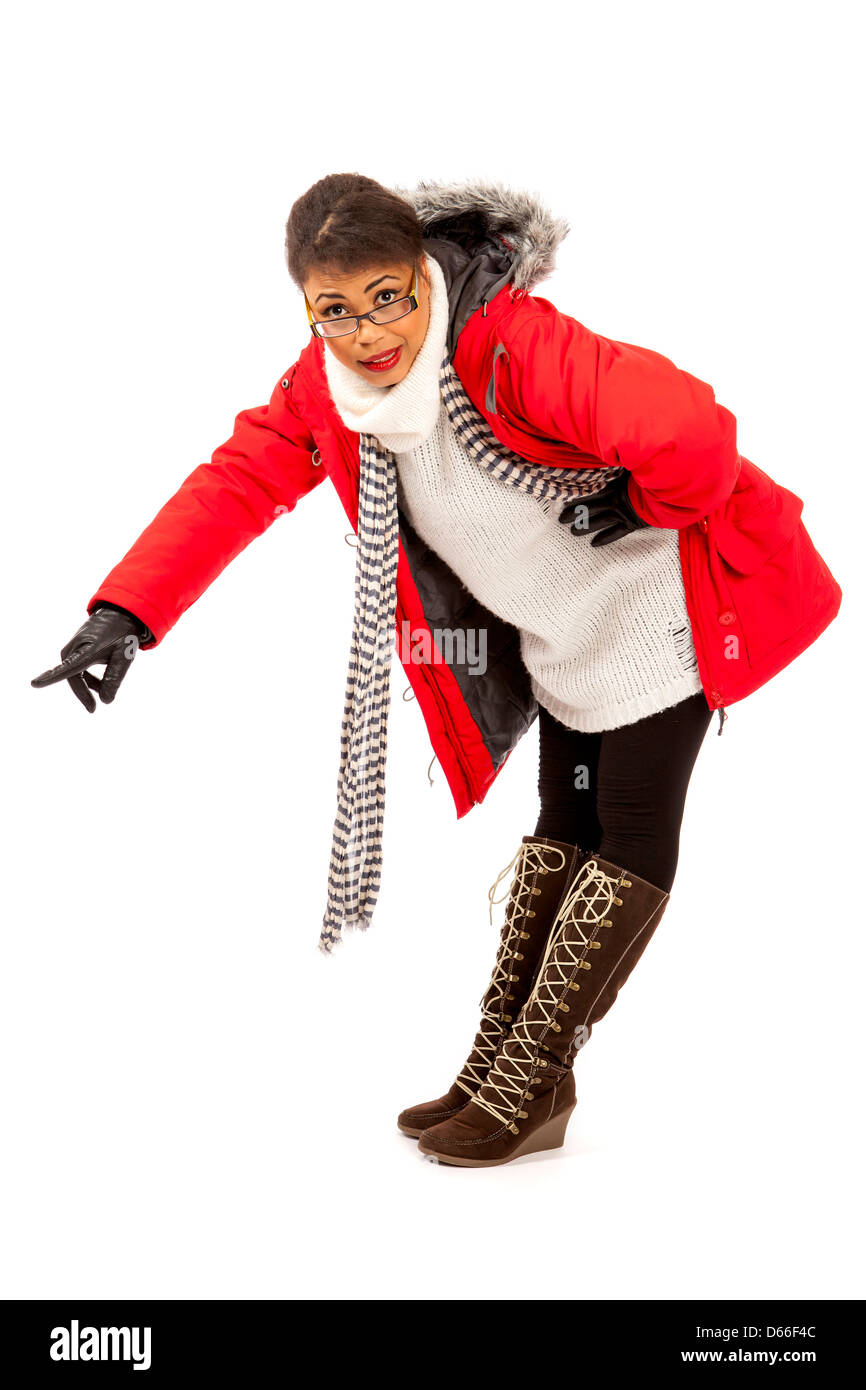 Fashion model posing in red jacket and neckpiece on white background ...