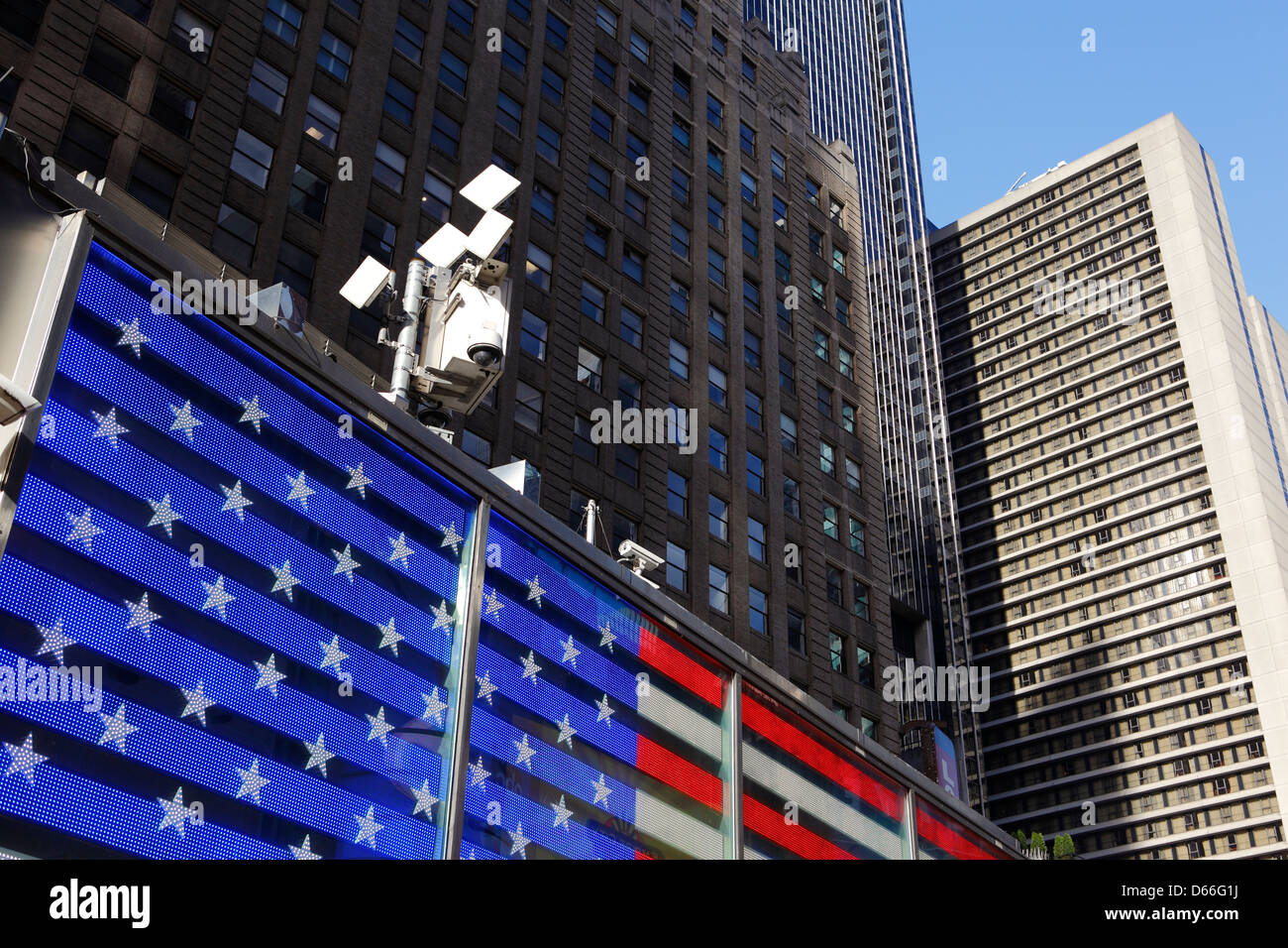 American flag and security cameras in Time Square, New York City Stock ...