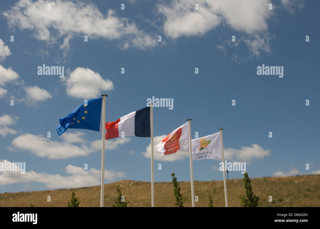 FRANCE; MIDI-PYRENEES; FLAGS AT MILLAU BRIDGE INFO CENTRE Stock Photo ...