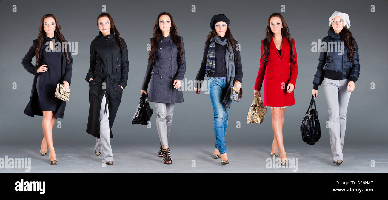 girl in different clothes, autumn winter collection clothes Stock Photo ...