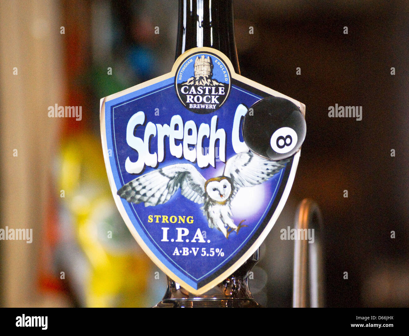 A pump clip of "Screech Owl" IPA beer from Castle Rock brewery ...