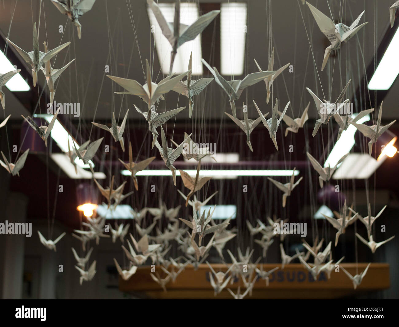 Paper crane installation in a library, in Zagreb, Croatia Stock Photo ...