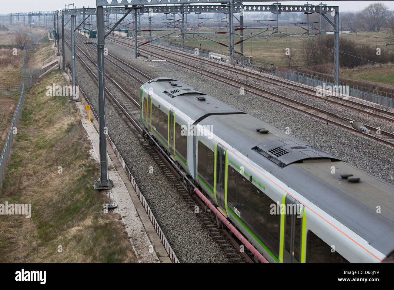 A London Midland train on the West Coast Mainline in the Midlands ...