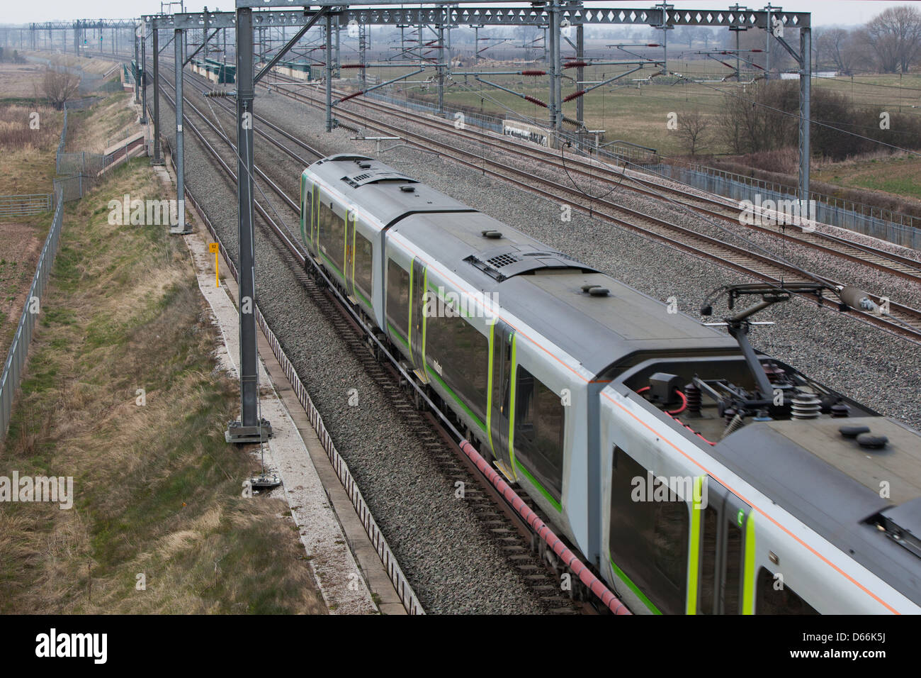 A London Midland train on the West Coast Mainline in the Midlands. Viewed from above Stock Photo ...