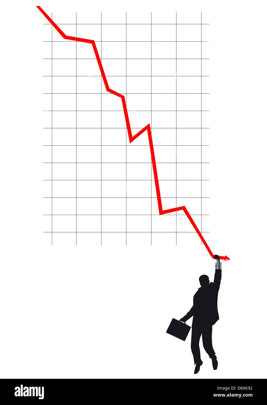 Silhouette of businessmen clinging to falling red line on graph Stock ...