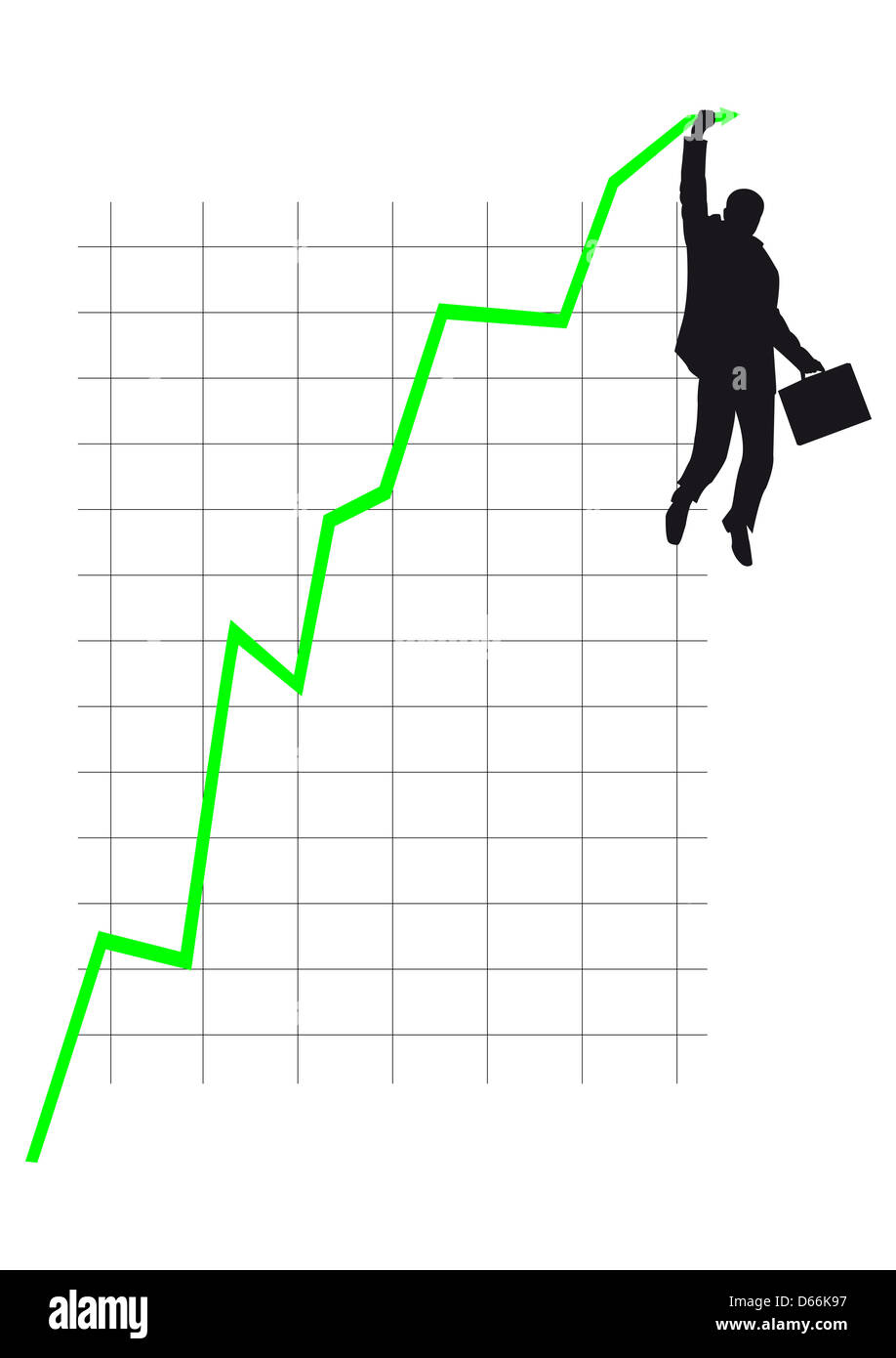 Silhouette of businessmen holding on to rising green line on graph ...