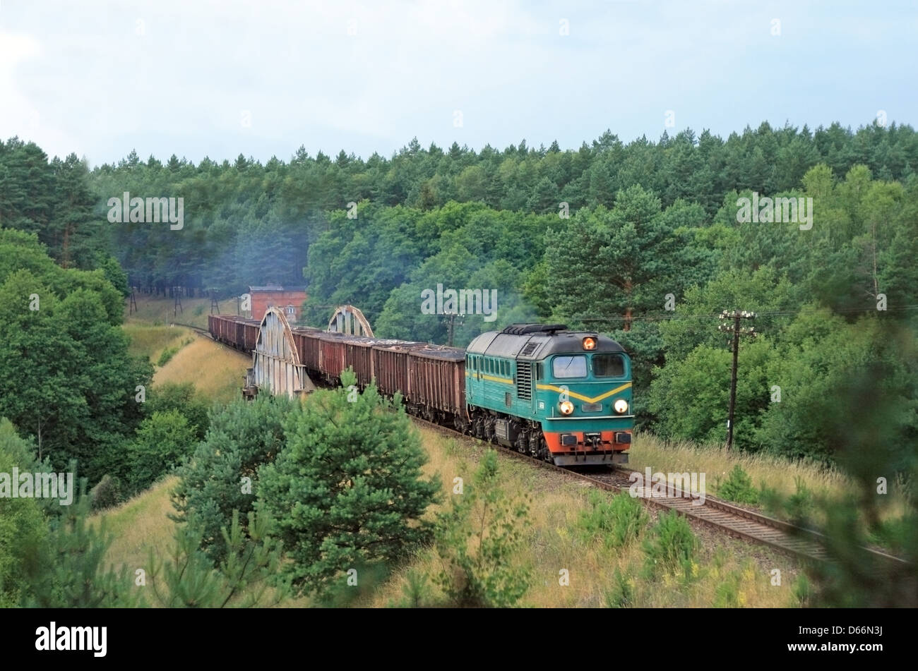 Freight train hauled by the diesel locomotive passing the forest Stock ...
