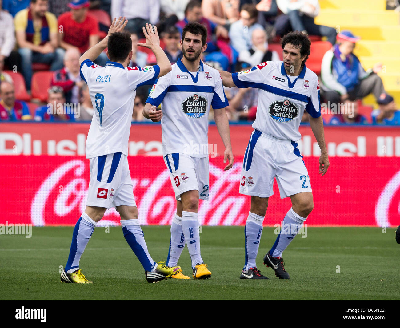13.04.2013 Valencia, Spain. Midfielder Pizzi of R.C. Deportivo (L ...