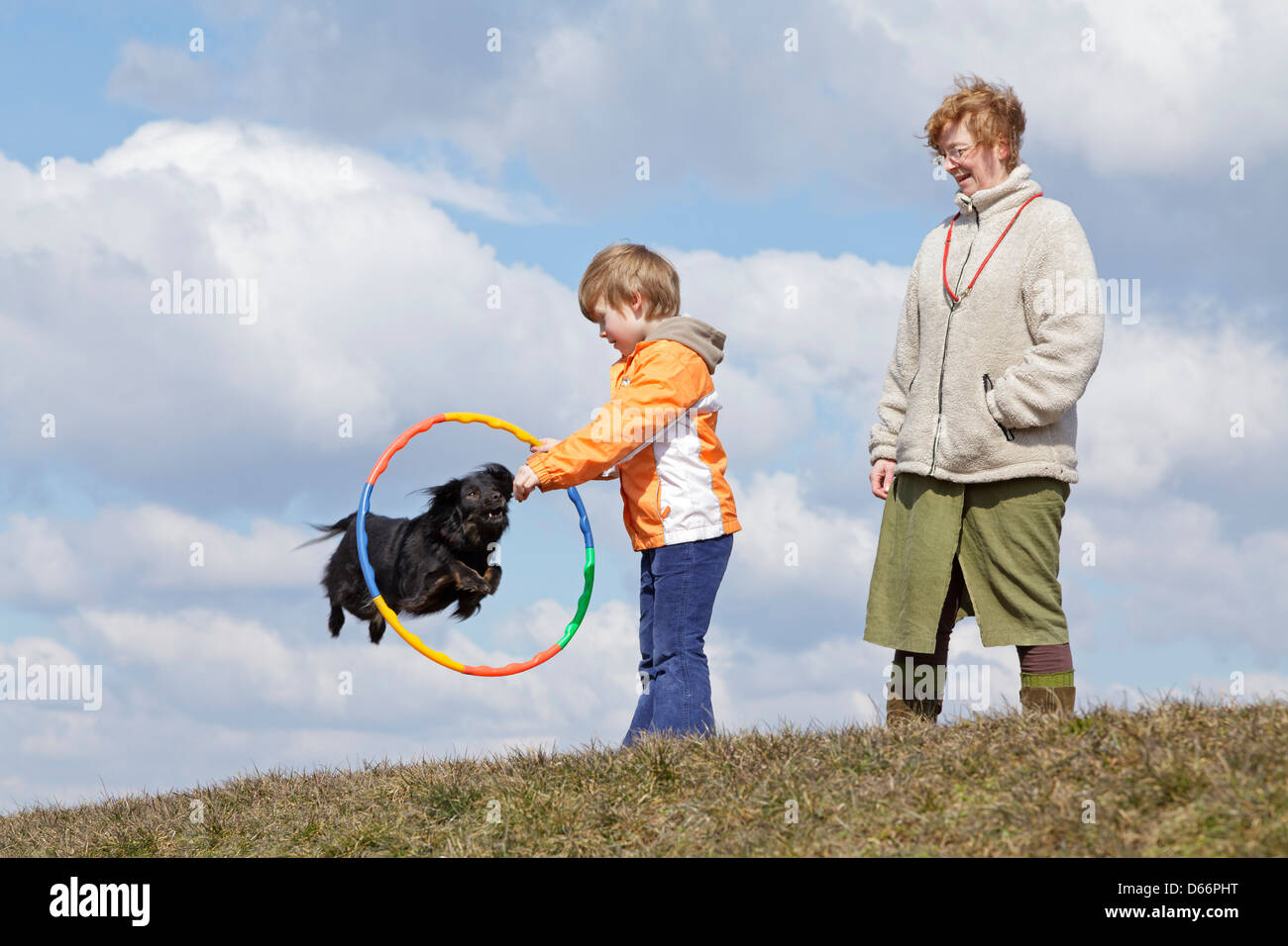 mother and son training their family dog Stock Photo - Alamy
