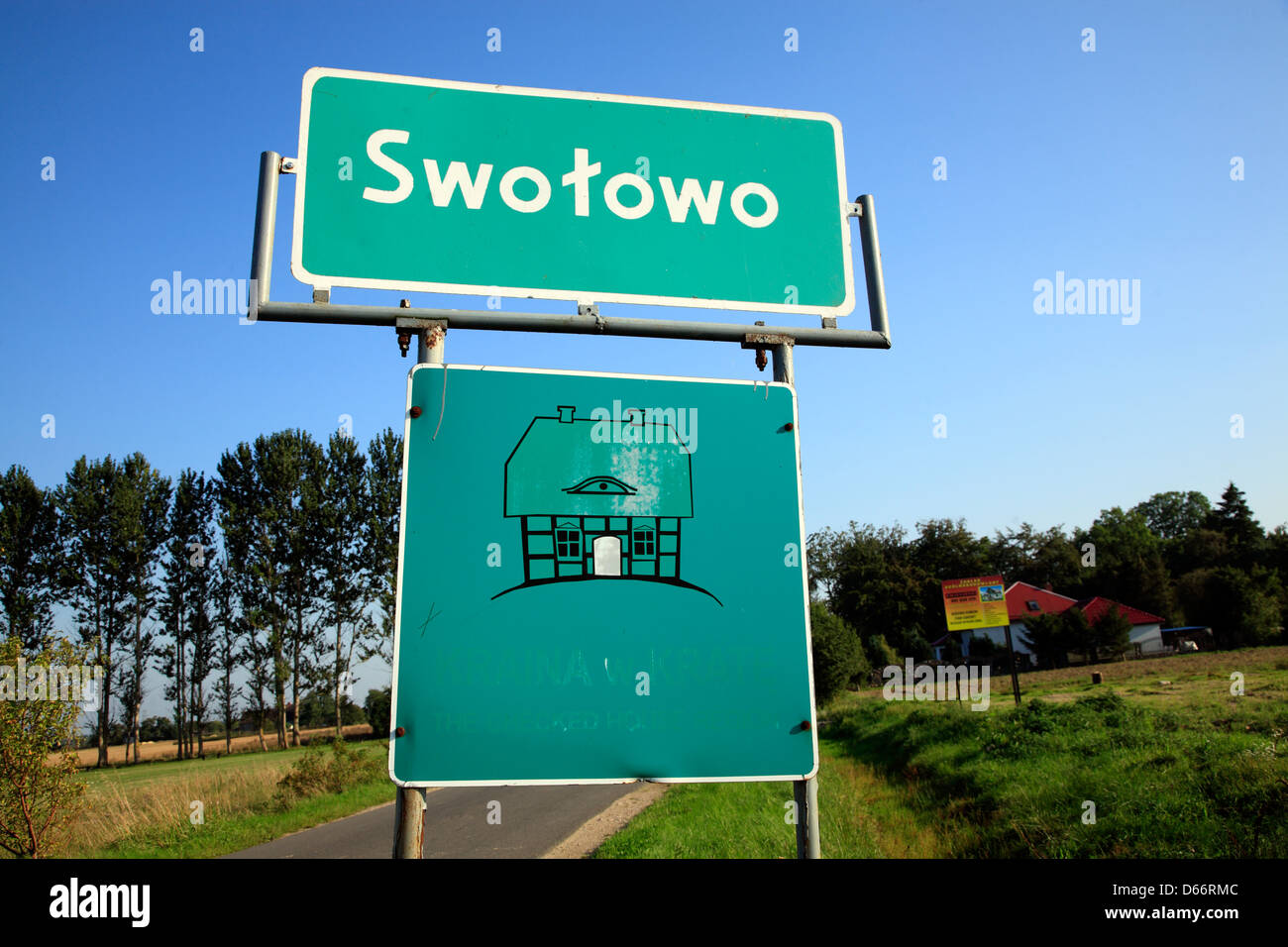 Museum in Swolowo (Schwollow), traffic sign, baltic sea, Pomerania ...