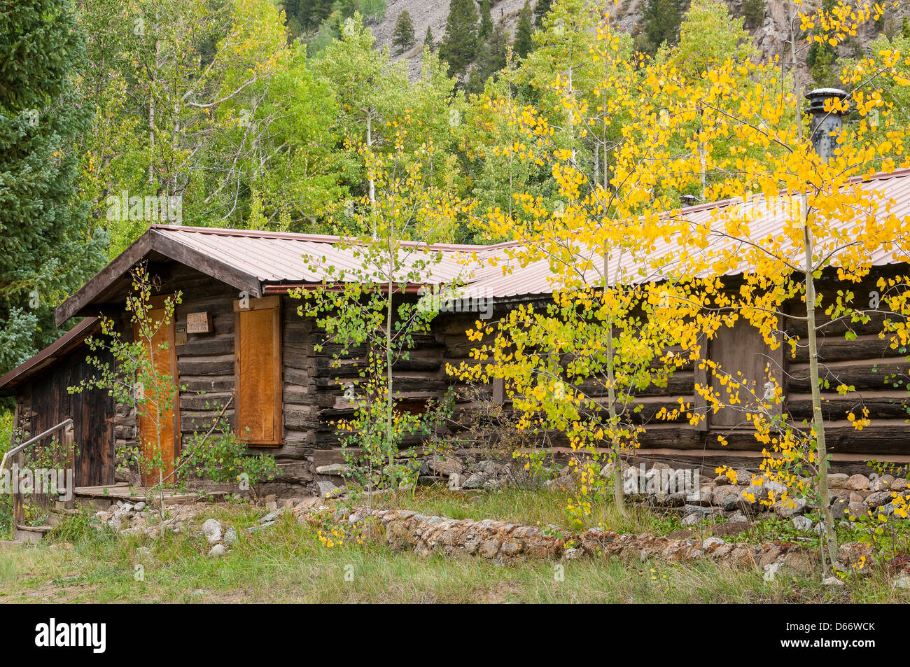 Cabin with autumn foliage, Vicksburg ghost town, Sawatch Mountains ...