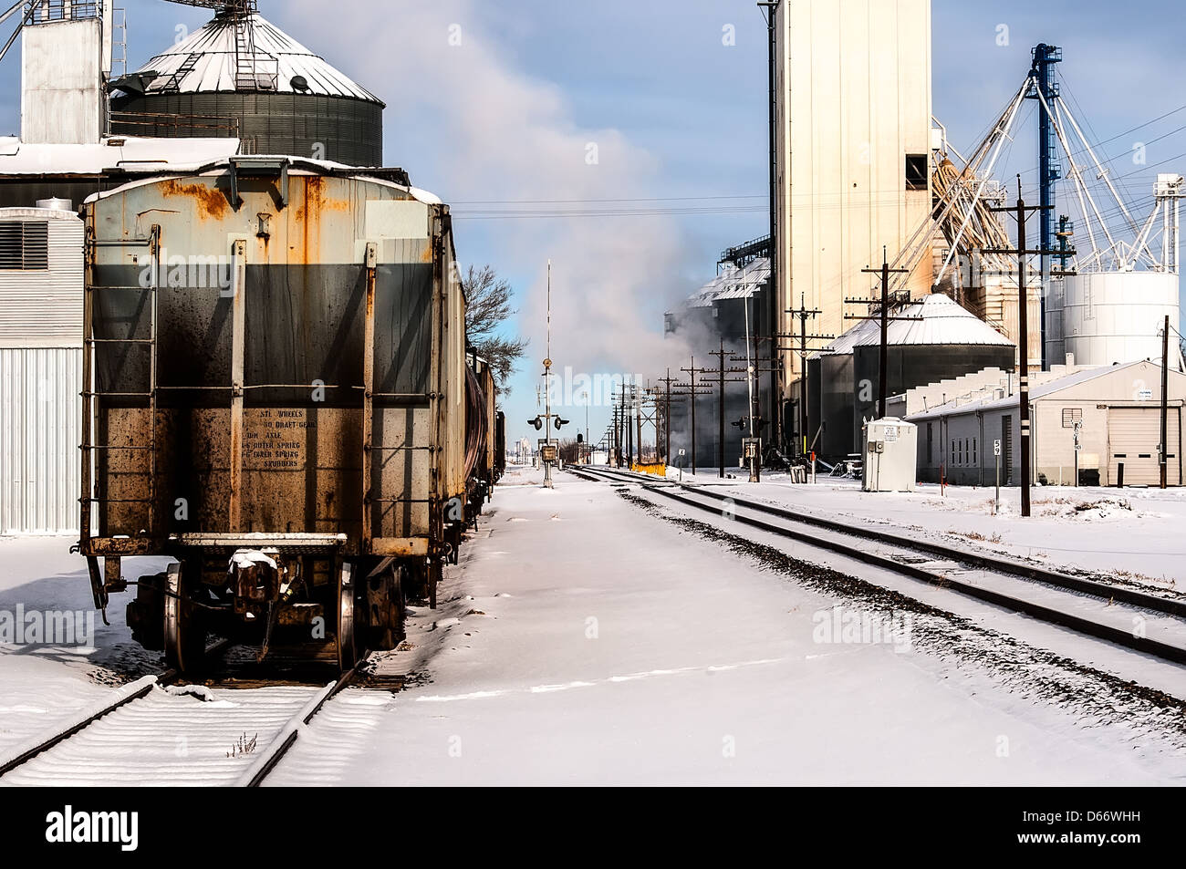 Empty rail cars waiting to be loaded on a track siding. Located in ...