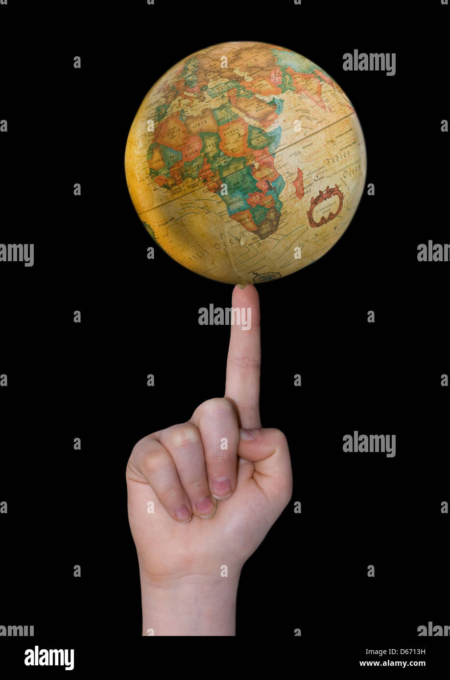 hand with globe, black background Stock Photo - Alamy
