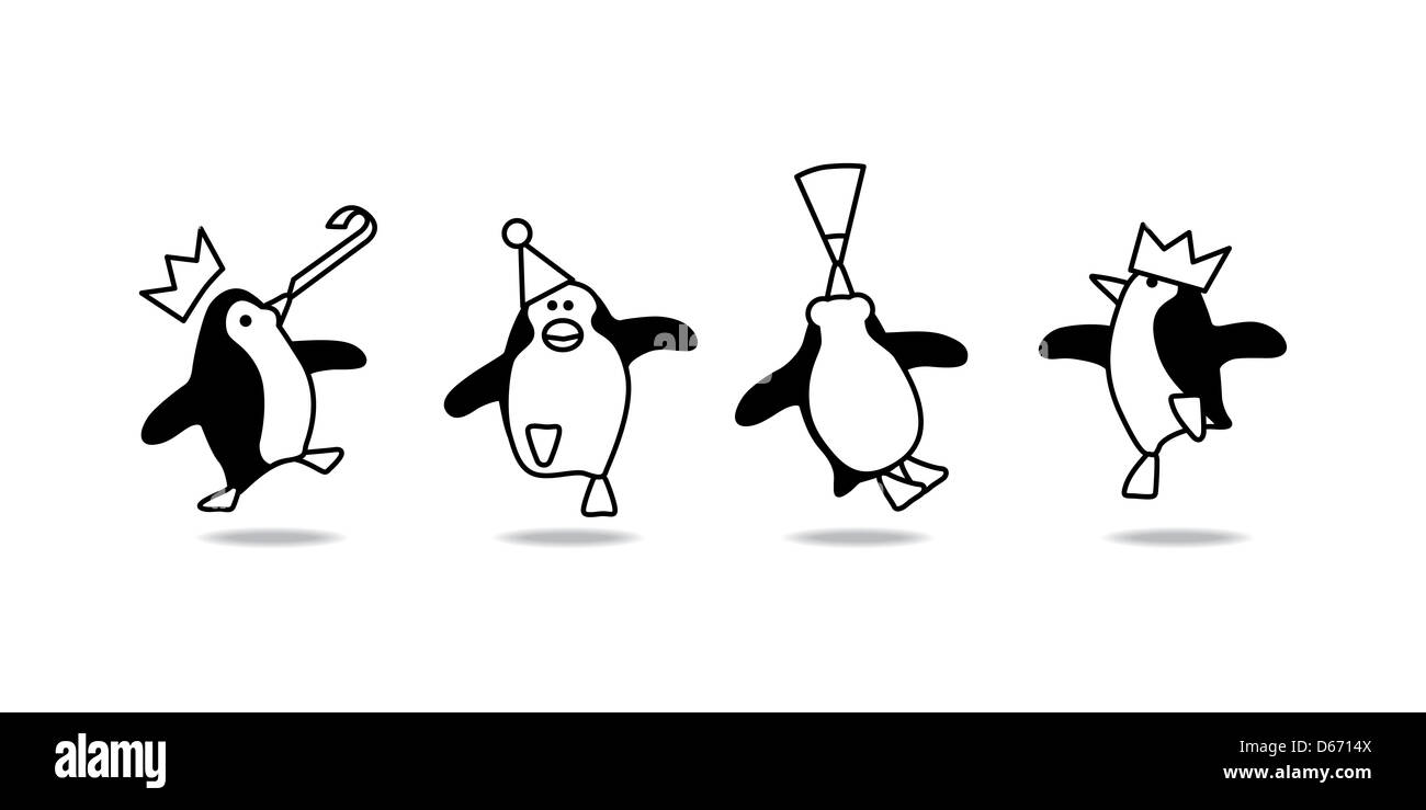 Vector Illustration of Four Happy Black Line Penguins Dancing at a Party Stock Photo - Alamy