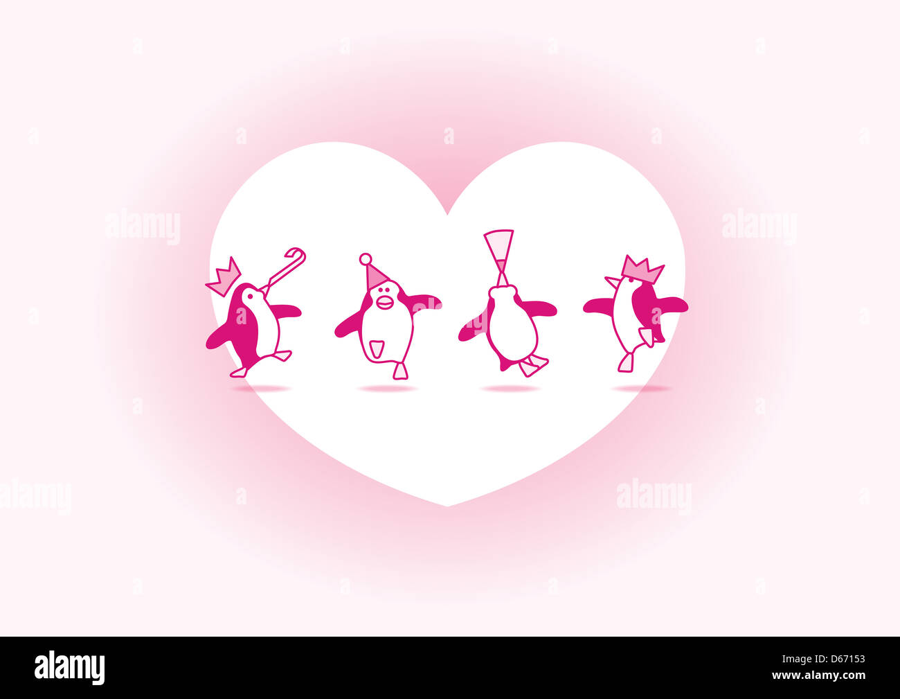 Four Happy Pink Penguins Dancing at a Party with White Heart and Soft ...
