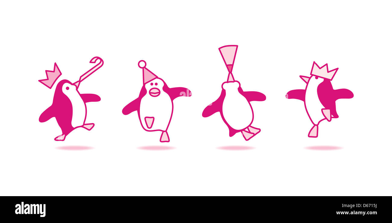 Vector Illustration of Four Happy Pink Penguins Dancing at a Party ...