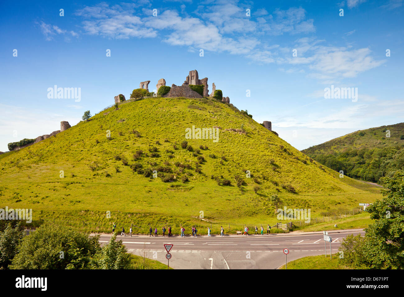 Corfe Castle ruins as seen from a passing train on the Swanage Railway ...