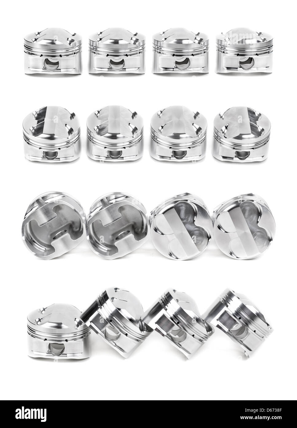 Collage of a set of four polished chrome forged pistons. Isolate on ...