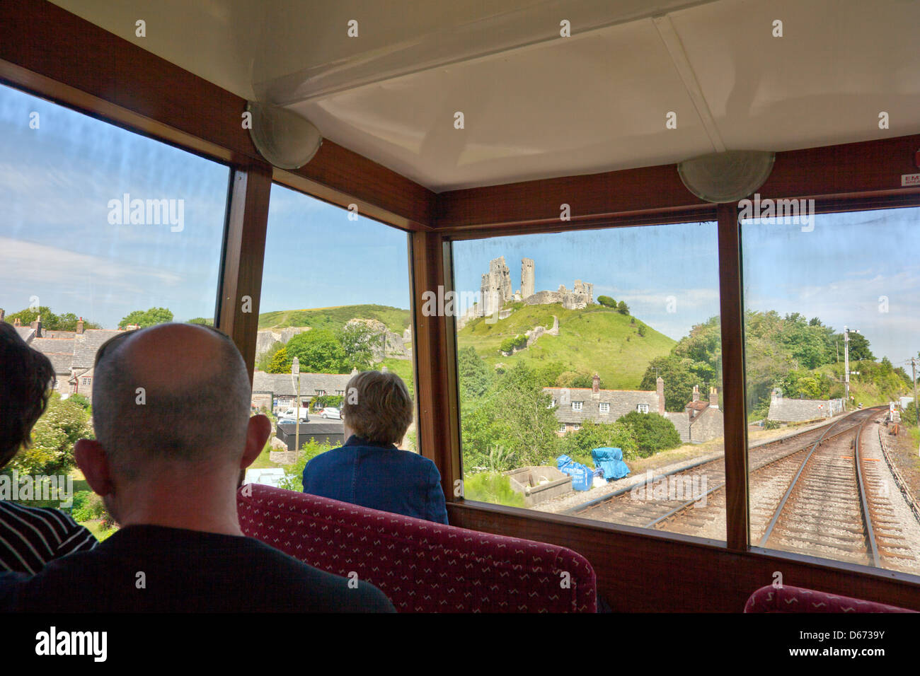 Corfe Castle ruins from inside the historic Devon Belle observation ...