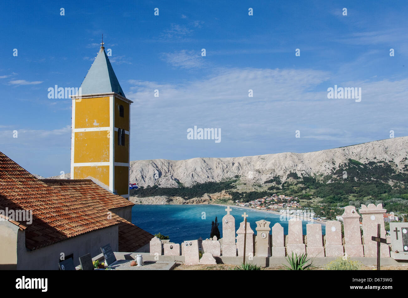 Baska church om the mountain above baska town. Mountain and water in ...
