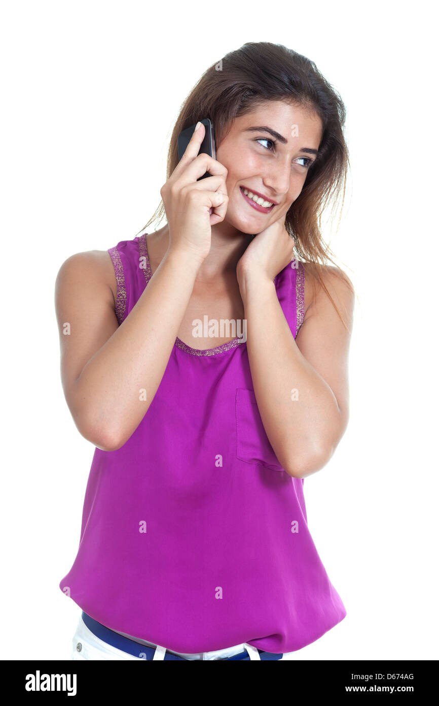 Communication. Beautiful girl on the phone. Smiling about good news ...