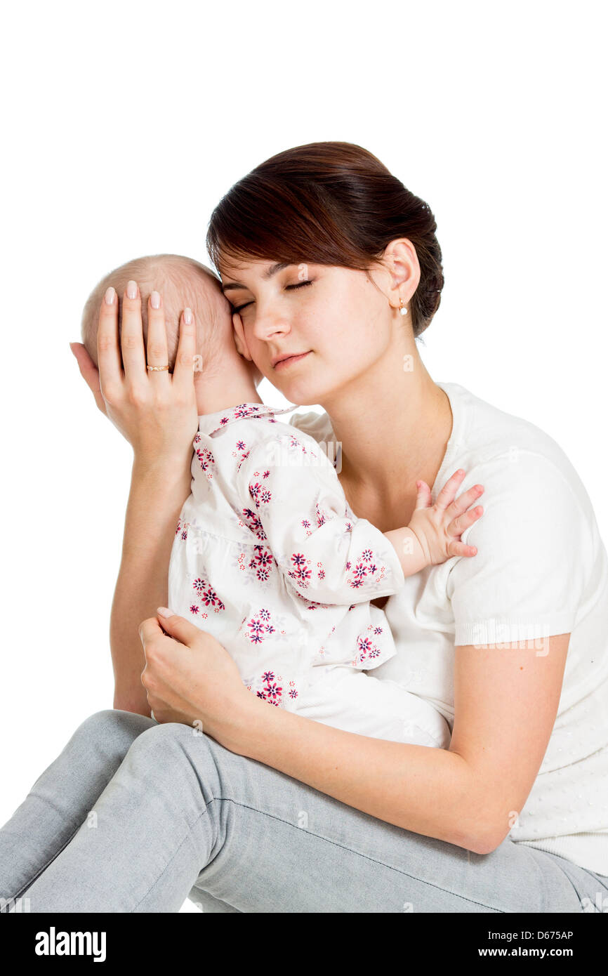 Mother trying to comfort her crying baby isolated Stock Photo - Alamy