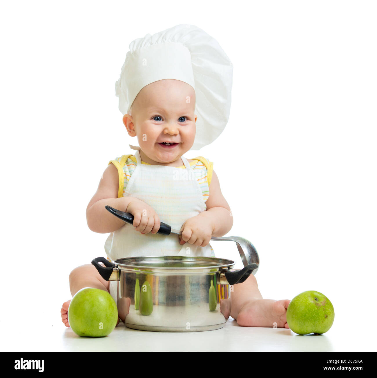 funny adorable baby with green apples isolated on white background ...
