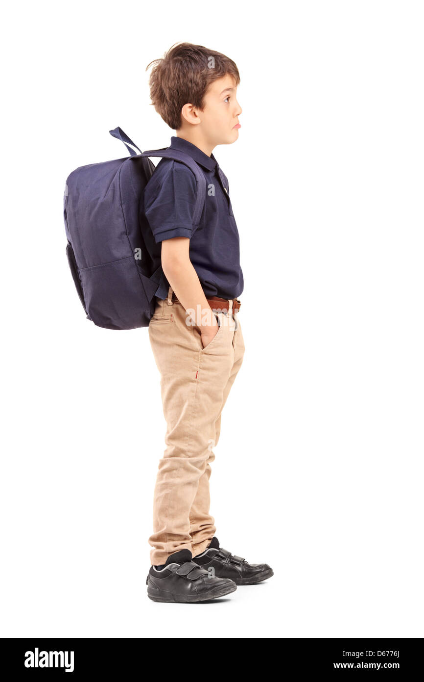 Full length portrait of a school boy with backpack standing, isolated ...