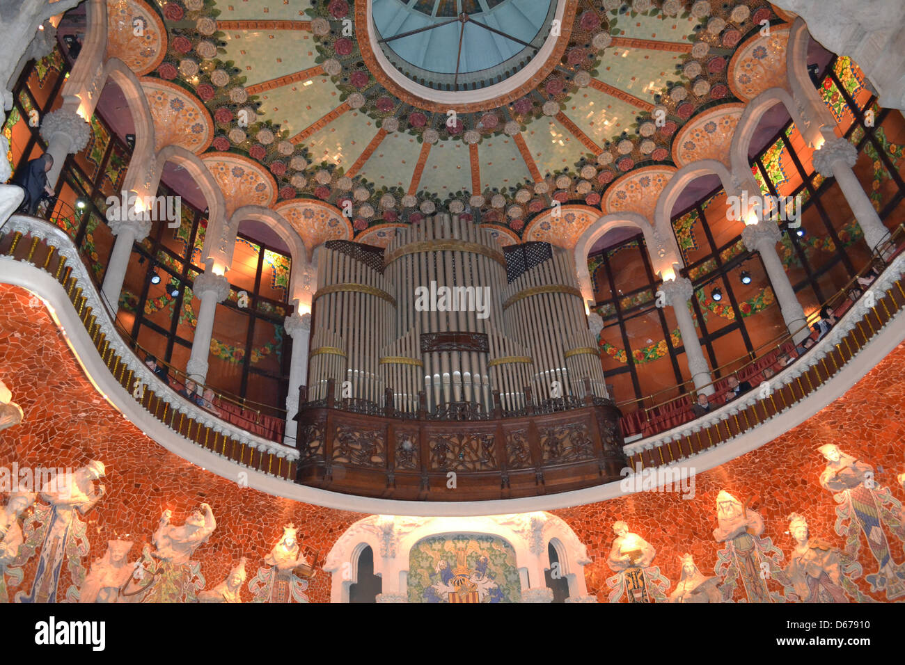 Decoration and organ above the stage, Gaudí theatre, Barcelona, Spain ...