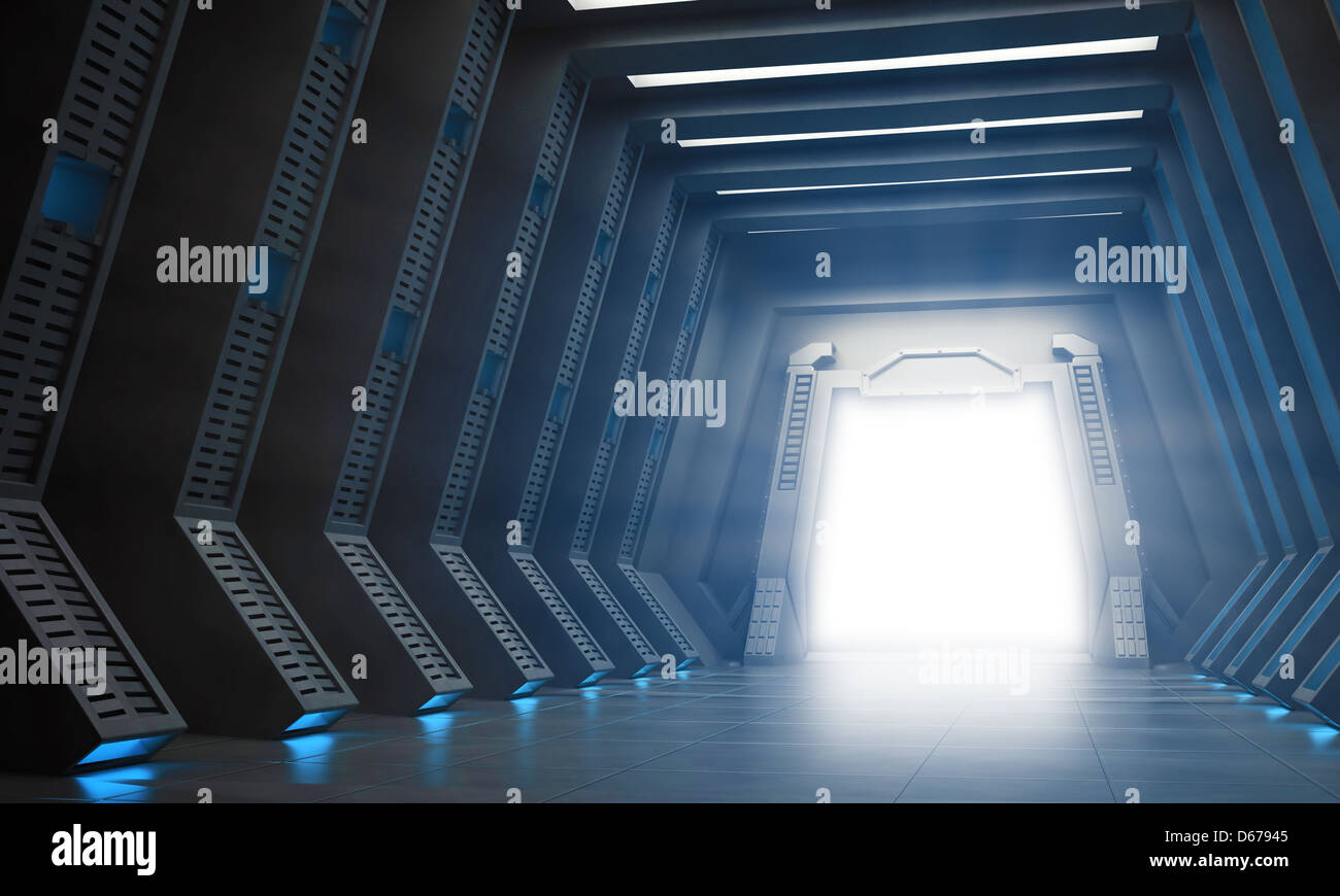 Science fiction interior - a hallway with an open gate Stock Photo - Alamy