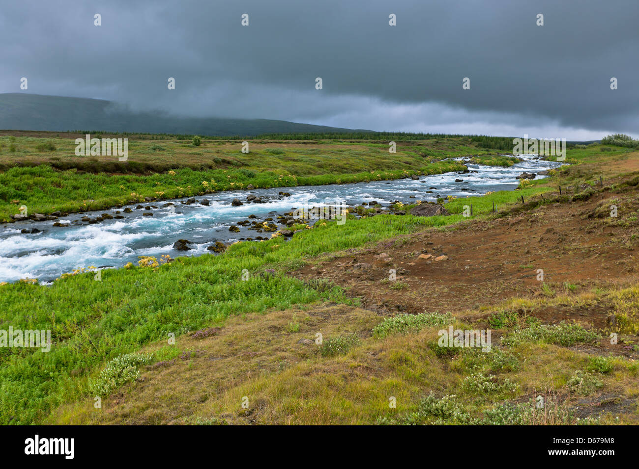 Summer Iceland Landscape with Raging River at Overcast Weather Stock ...