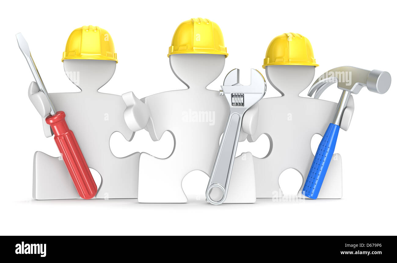 Puzzle People the Builders x 3 with tools Stock Photo - Alamy
