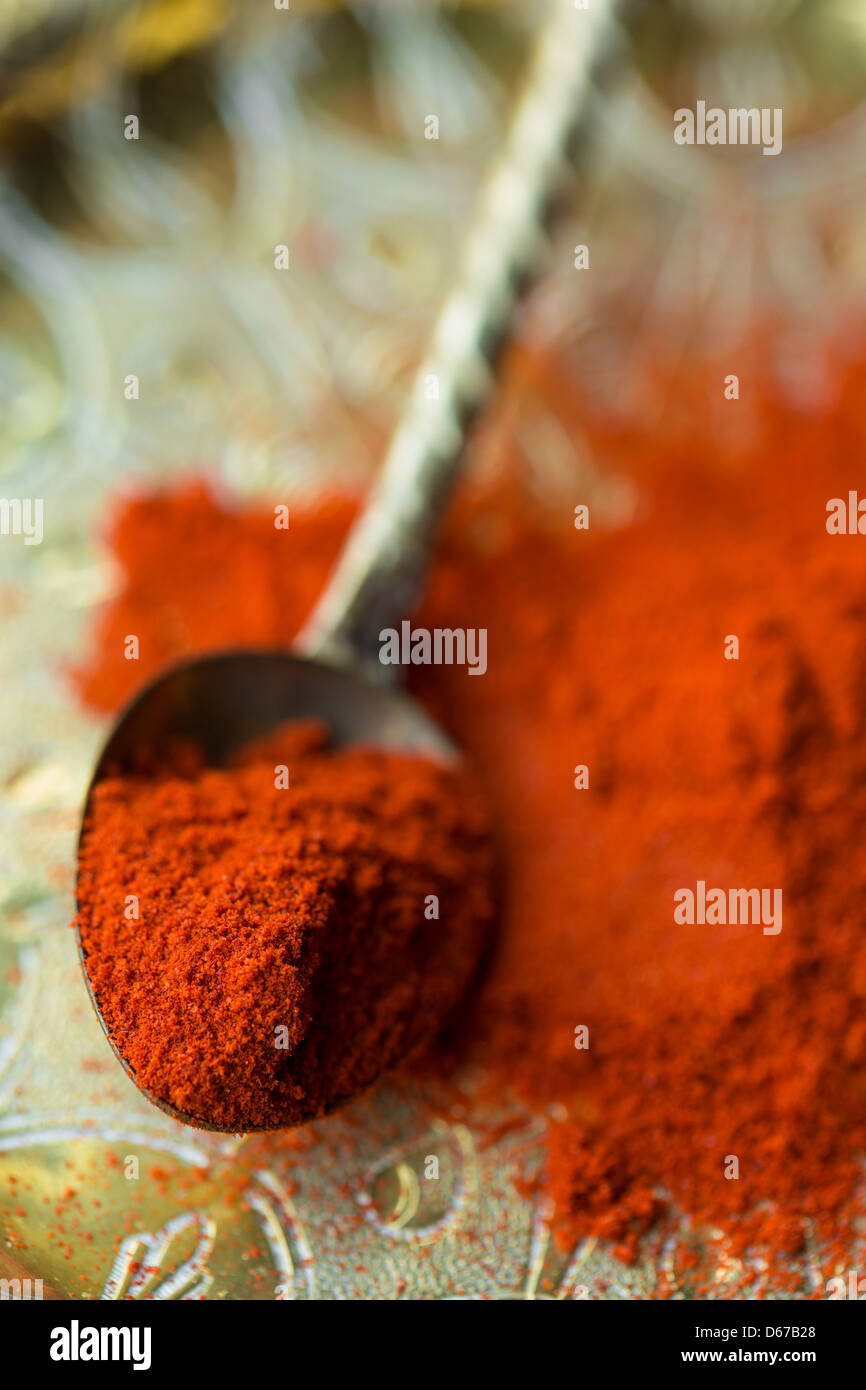 Ground paprika on plate with spoon Stock Photo - Alamy
